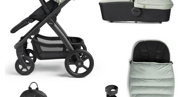 Silver Cross Tide 2 in 1 Pram Bundle + Accessory Box, Sage/Black Chassis